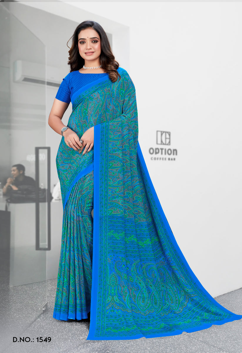 Buy Angoori Crape Fabric Blue Colour Uniform Wear Printed Saree with ...