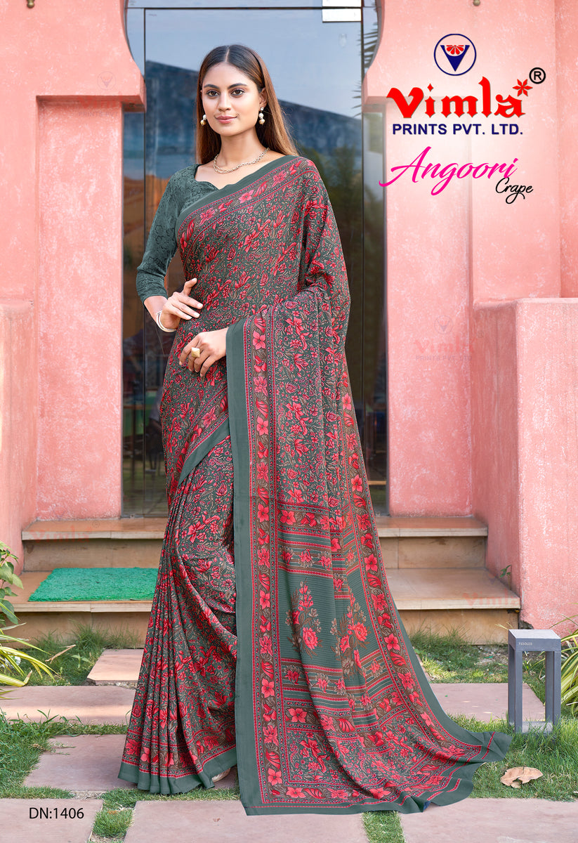 Buy Angoori Crape Fabric Red Colour Uniform Wear Printed Saree with ...
