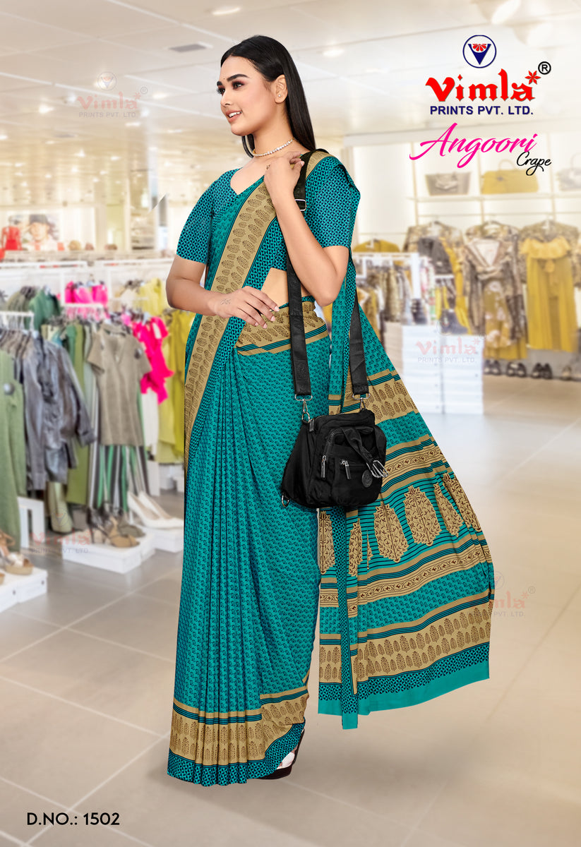 Buy Angoori Crape Fabric Turquoise Colour Uniform Wear Printed Saree ...