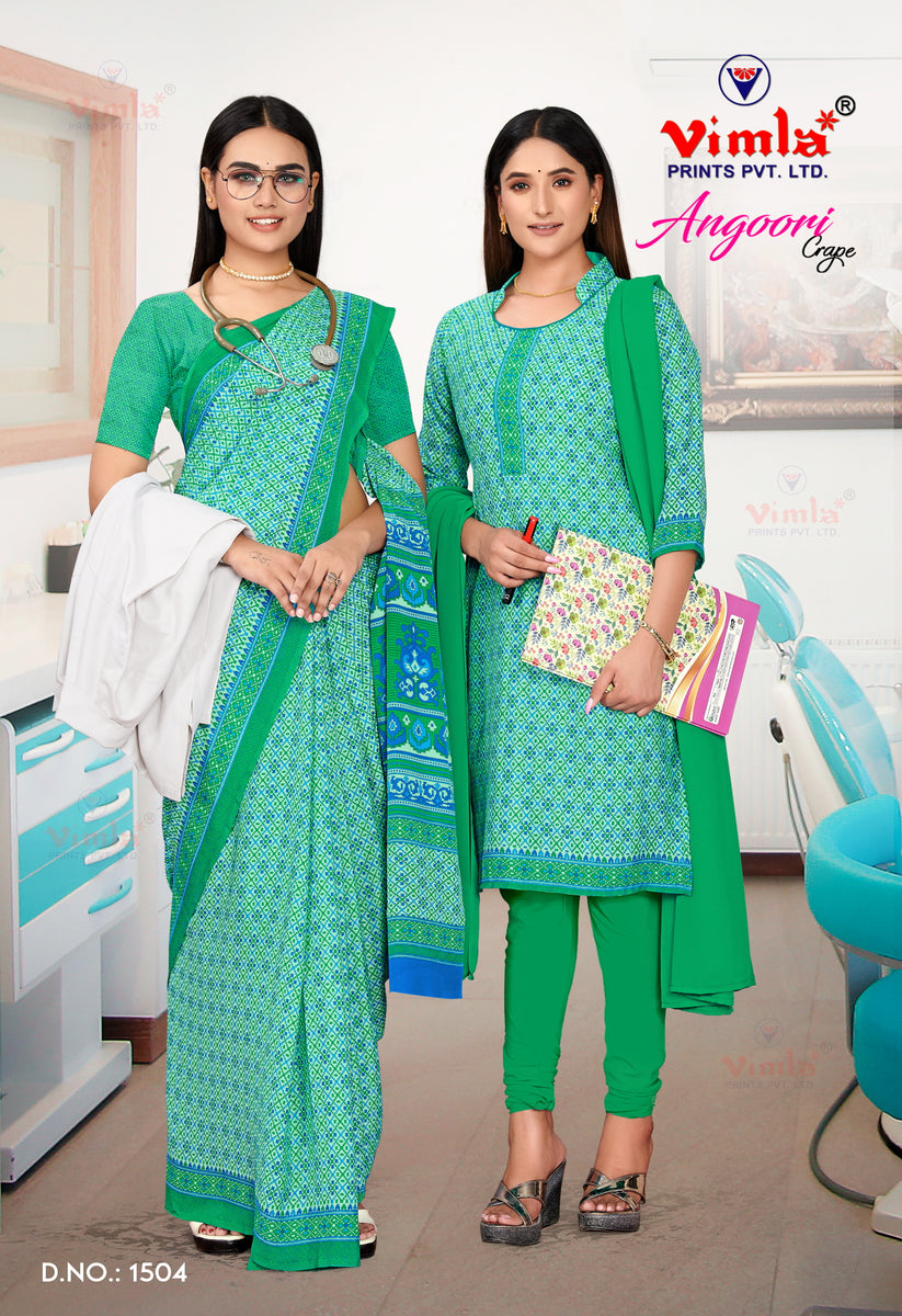 Buy Angoori Crape Fabric Green Colour Uniform Wear Printed Saree with ...