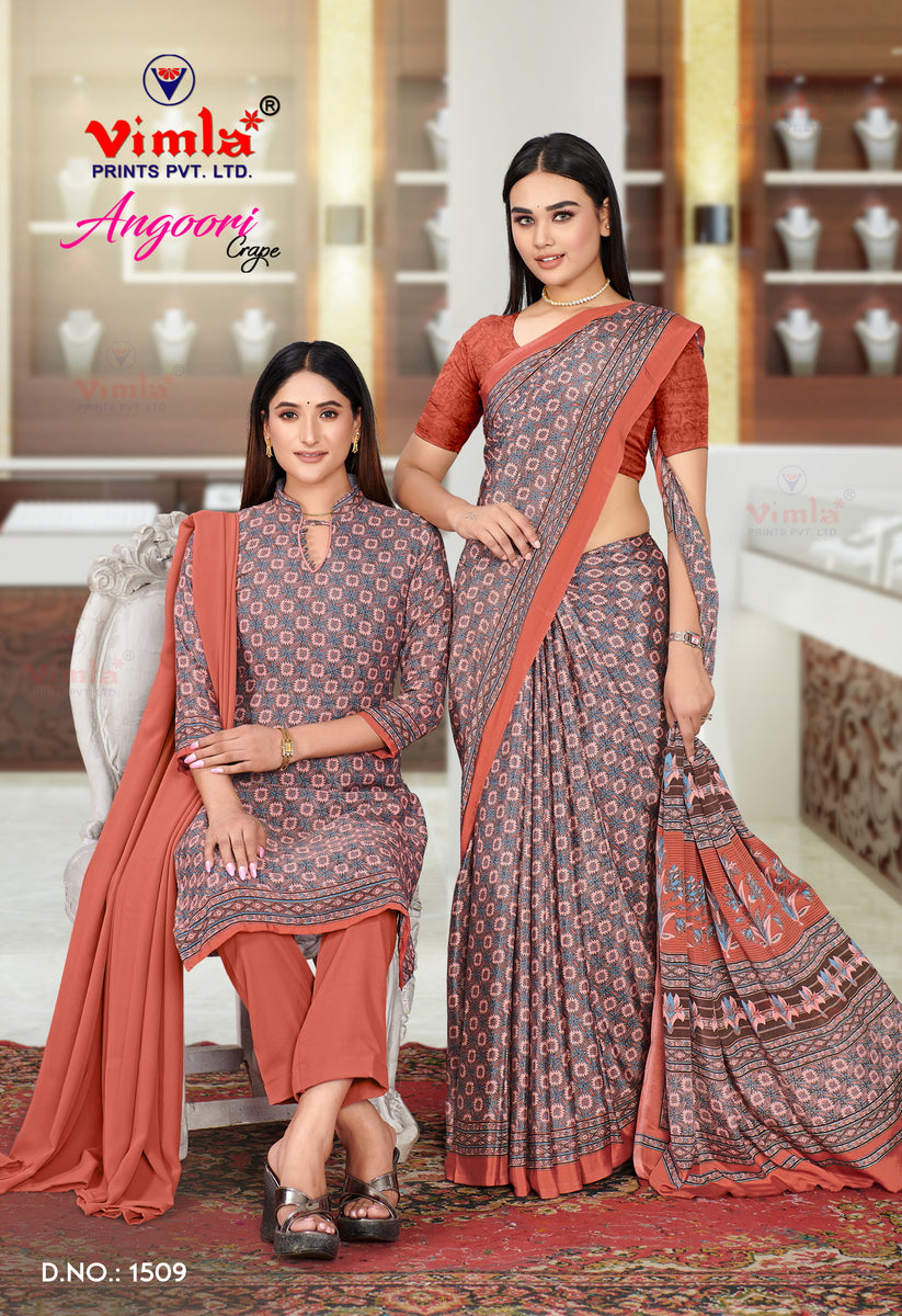 Buy Angoori Crape Fabric Gold Colour Uniform Wear Printed Saree with ...
