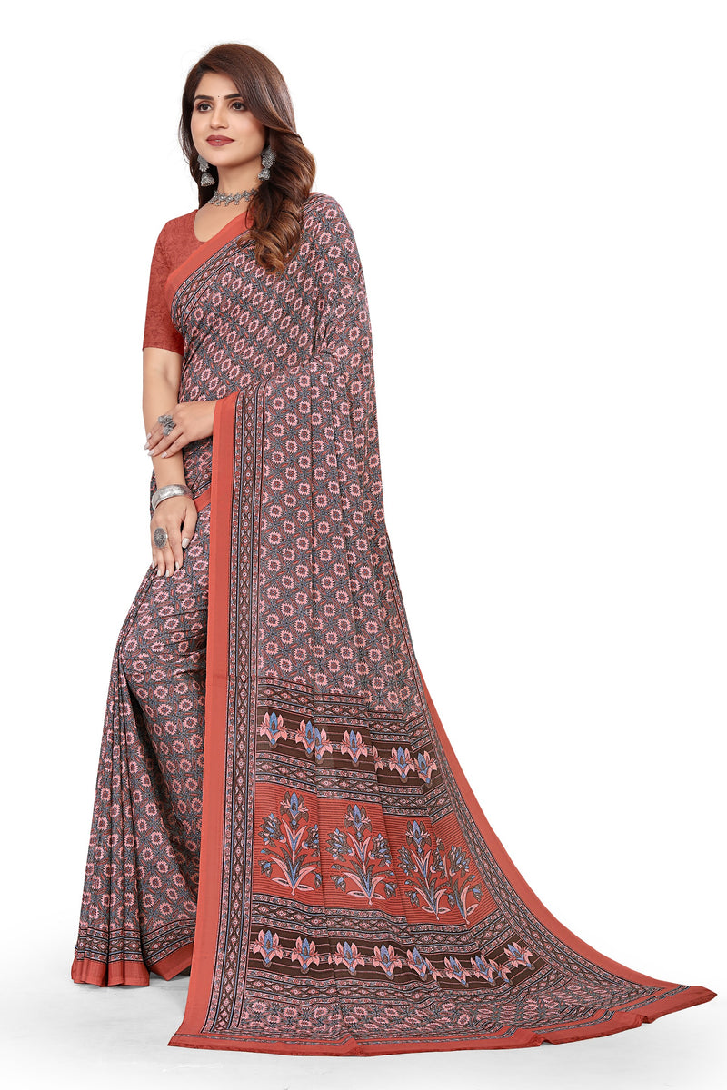 Buy Angoori Crape Fabric Peach Colour Uniform Wear Printed Saree with ...