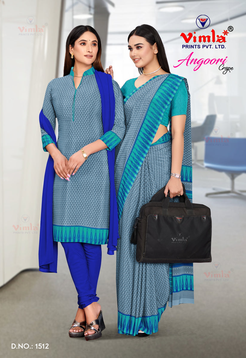 Buy Angoori Crape Fabric Blue Colour Uniform Wear Printed Saree with ...