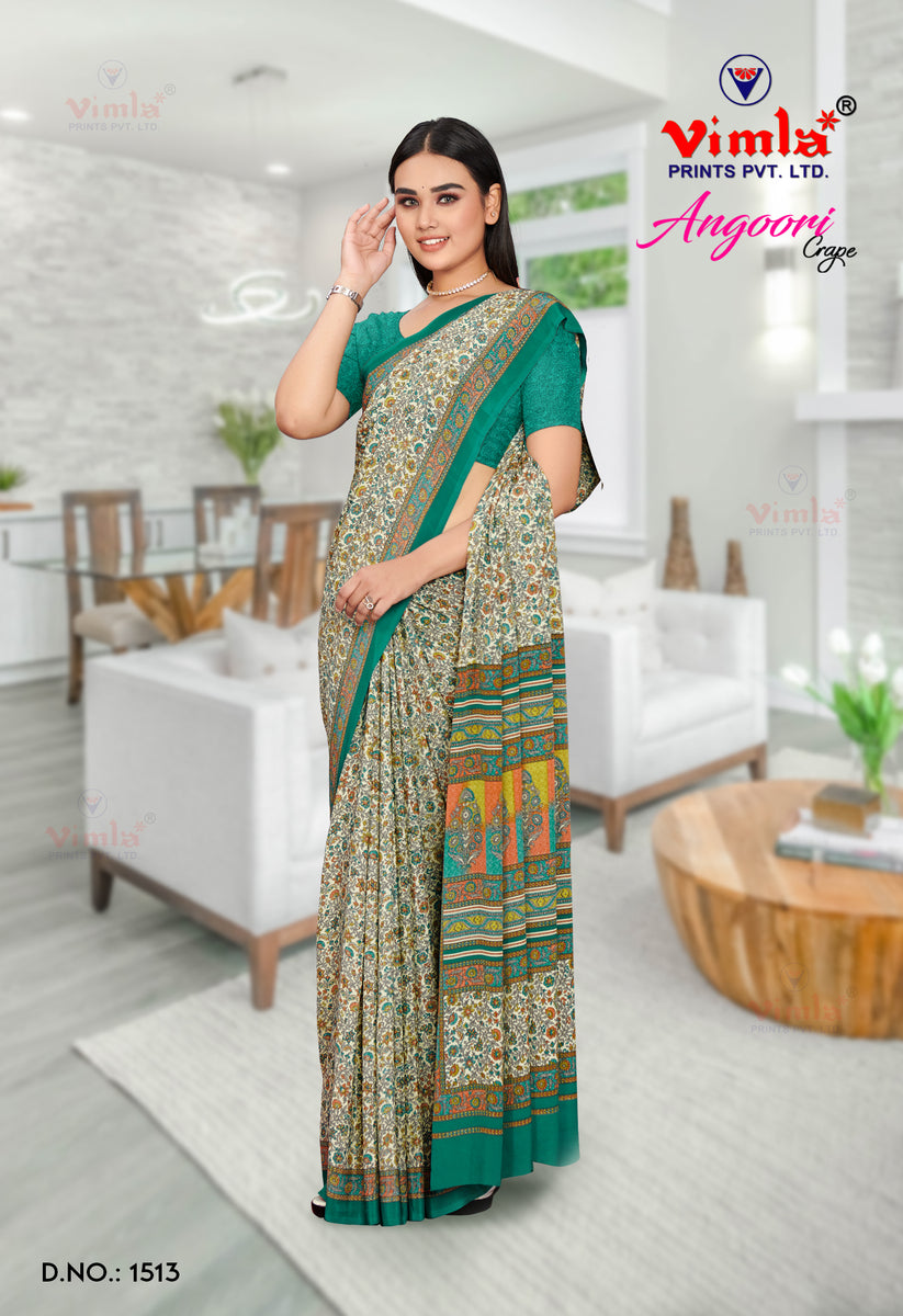Buy Angoori Crape Fabric Green Colour Uniform Wear Printed Saree with ...