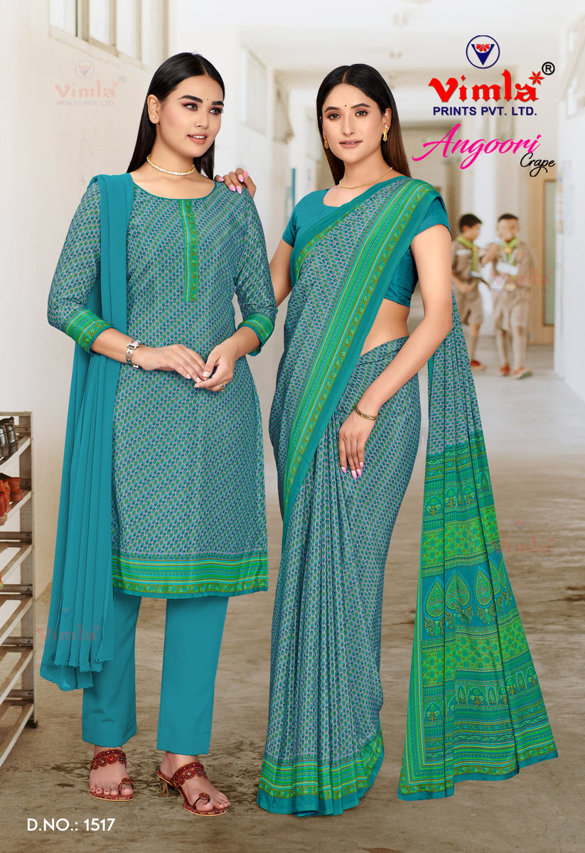 Buy Angoori Crape Fabric Blue Colour Uniform Wear Printed Saree with ...