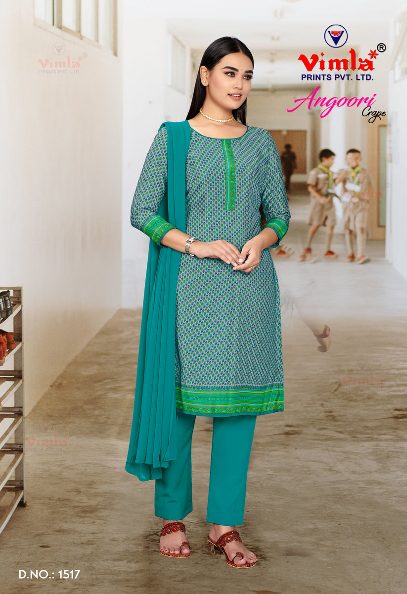 Buy Angoori Crape Fabric Blue Colour Uniform Wear Printed Saree with ...