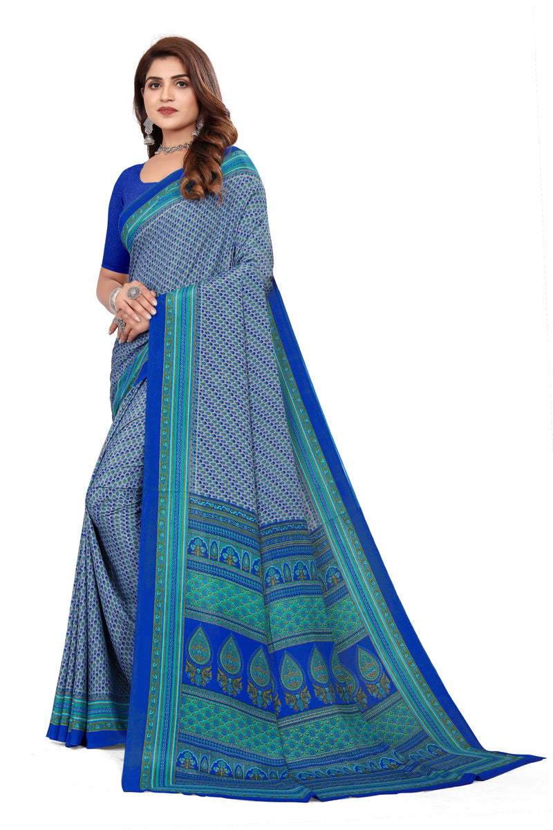 Buy Angoori Crape Fabric Blue Colour Uniform Wear Printed Saree with ...